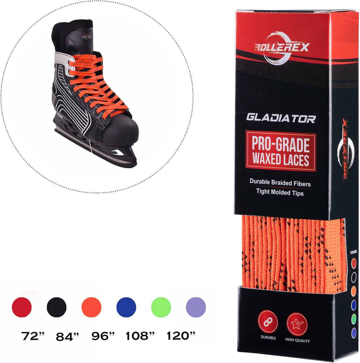 Rollerex Gladiator Waxed Hockey Skate Laces 72" to 120" - Multiple Col